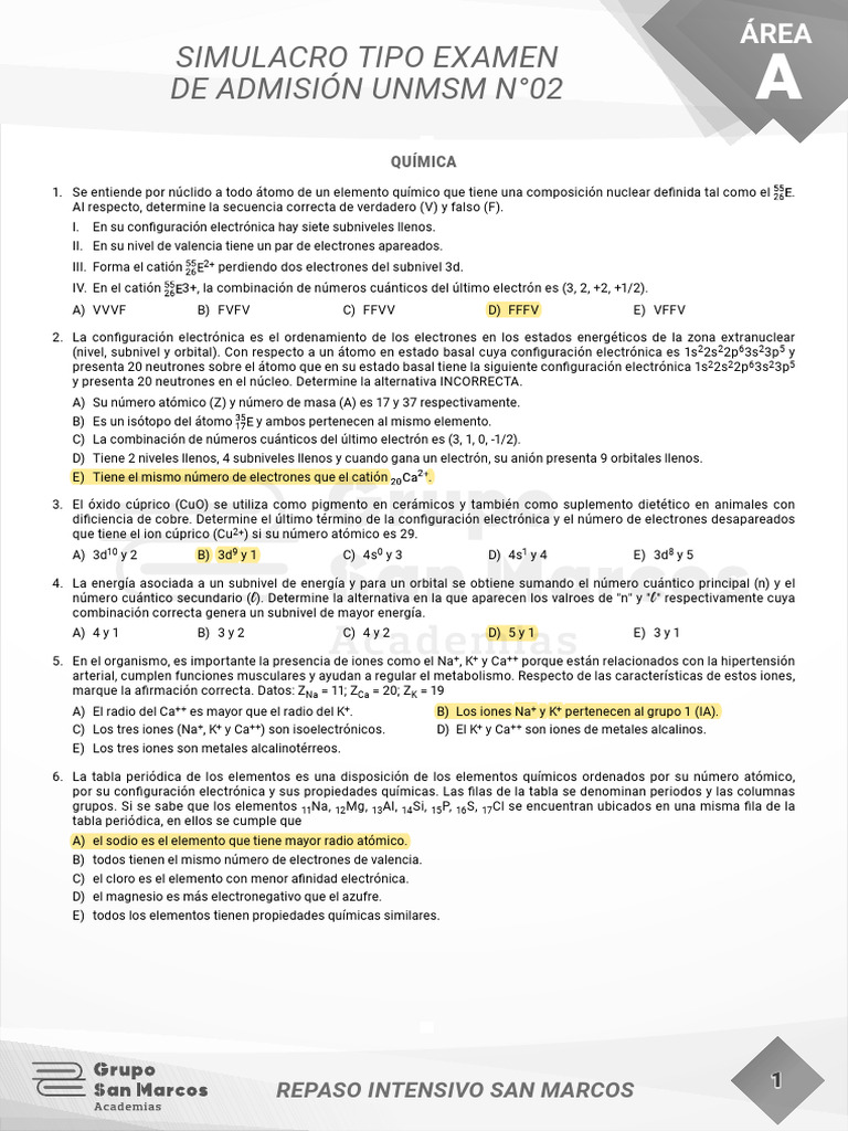 Simulacro 2 Quimica Repaso 2024 Con Claves | PDF