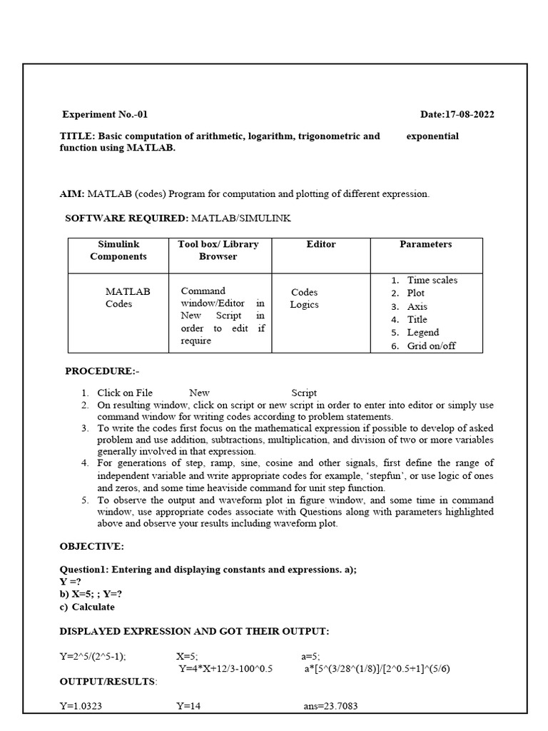 Report For Exp - 1 and Exp - 2 | PDF | Matlab | Exponential Function