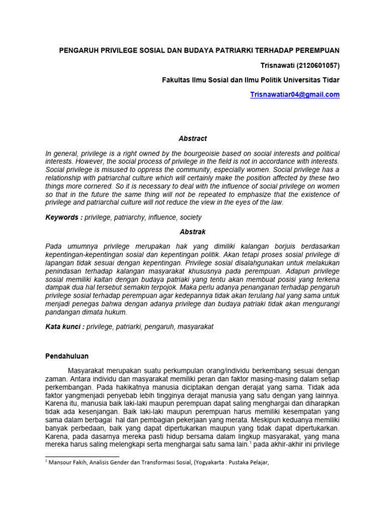Privilege Sosial Dalam Budaya Patriarki Terhadap Perempuan | PDF
