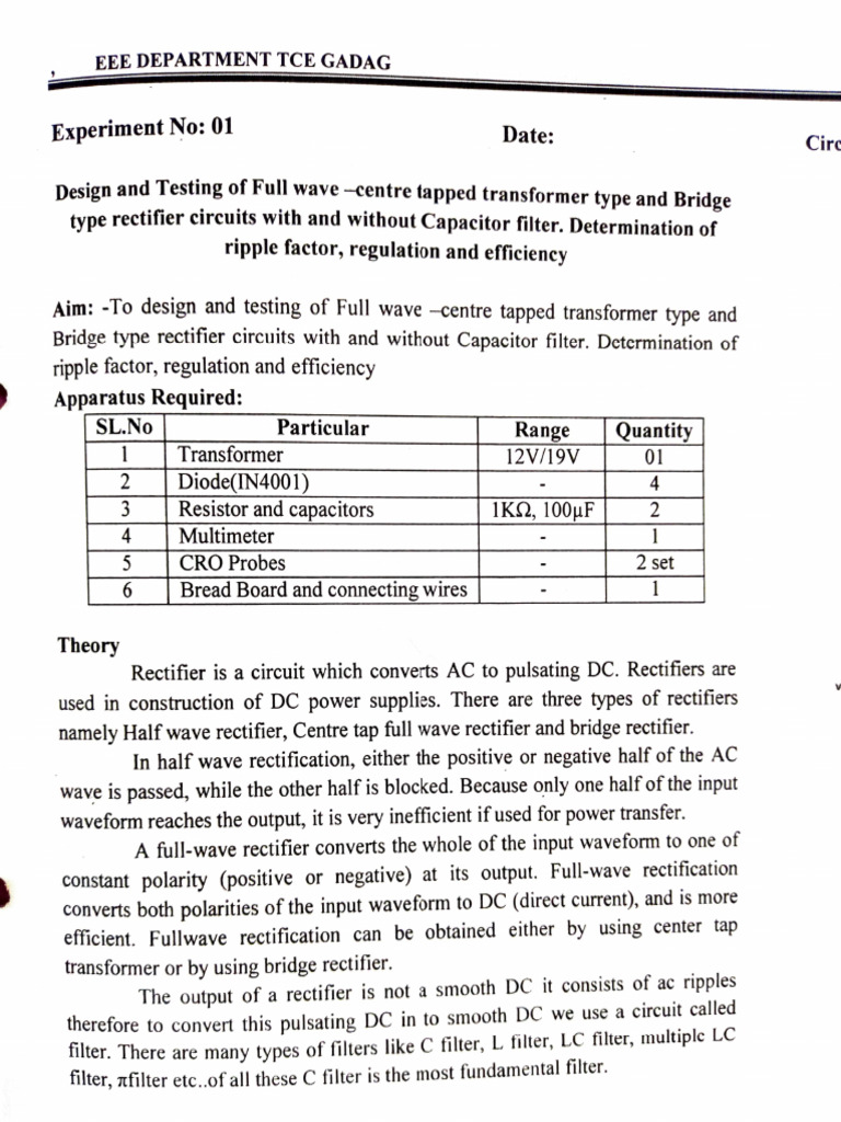 Lab 2 - Design Simulation and Testing of Full Wave Centre Tapped ...
