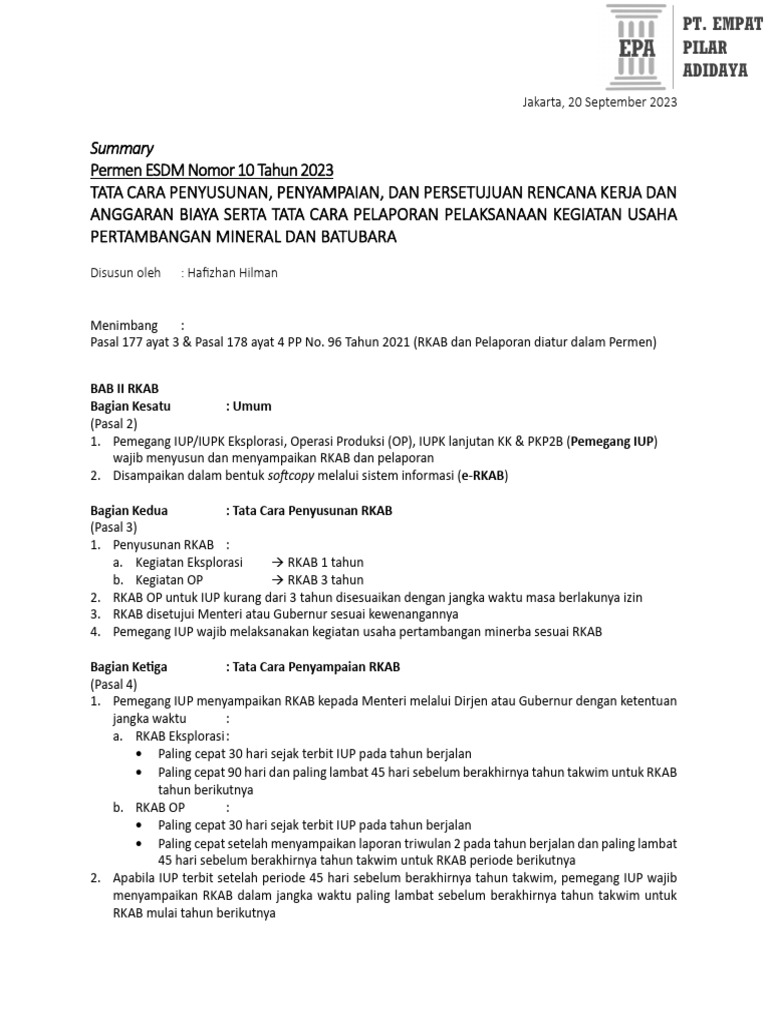 Summary Permen ESDM Nomor 10 Tahun 2023 RKAB & Pelaporan | PDF