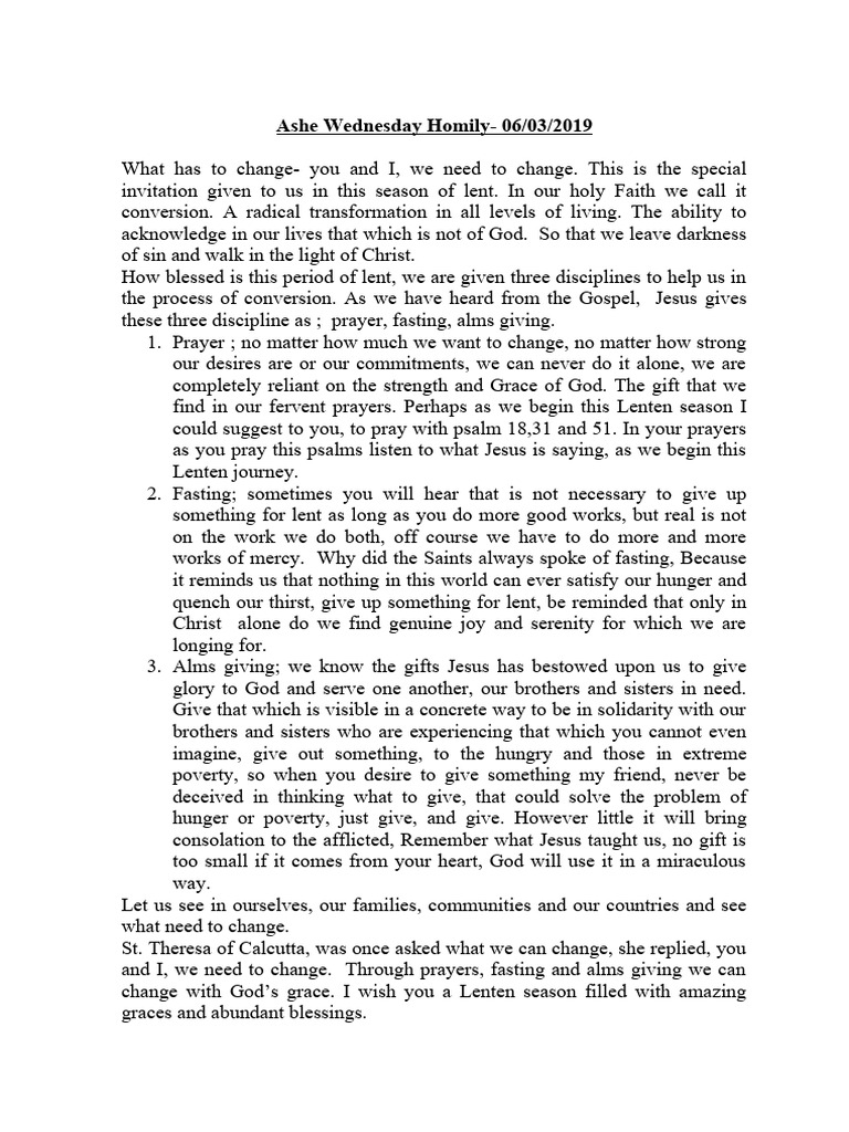 Ashe Wednesday Homily | PDF