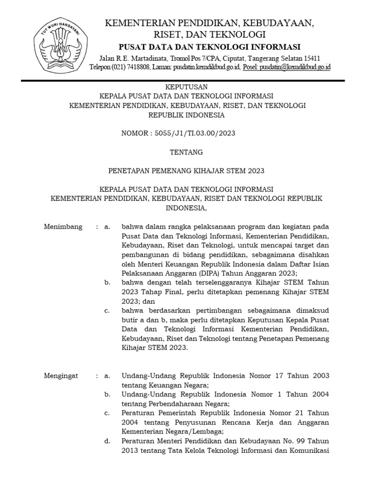 Surat Keputusan Pemenang Kihajar Stem 2023pdf | PDF