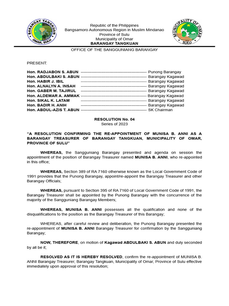 Resolution for Re-appointment of Barangay Treasurer | PDF | Philippines ...