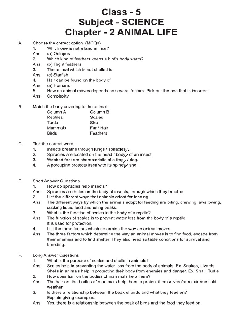 Class 5 Subject Science Chapter 2 Animal Life 1 | PDF