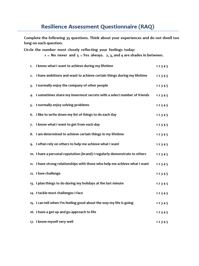 Resilience Assessment Questionnaire 2019 | PDF | Psychological ...