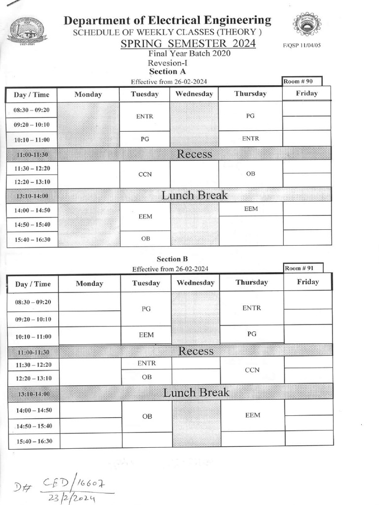 BE Time Table Spring Semester-2024 Rev-I | PDF