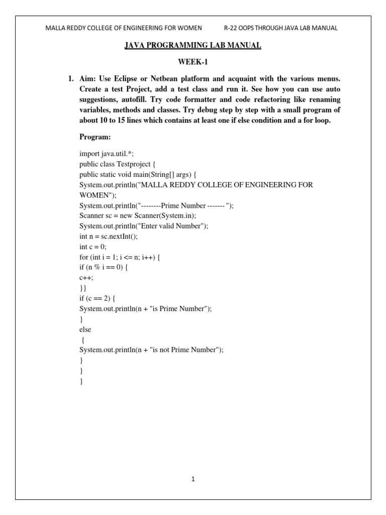 R22 Oops Using Java Lab Manual 2 2 Pdf Class Computer Programming Method Computer
