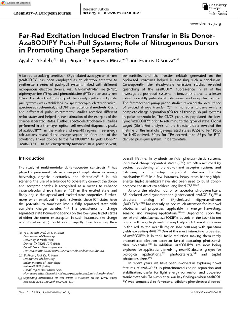 Chemistry A European J - 2023 - Alsaleh - Far Red Excitation Induced Electron Transfer in Bis ...