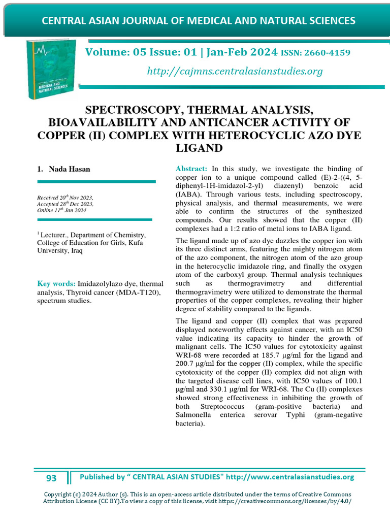 Spectroscopy, Thermal Analysis, Bioavailability and Anticancer Activity of Copper (Ii) Complex ...