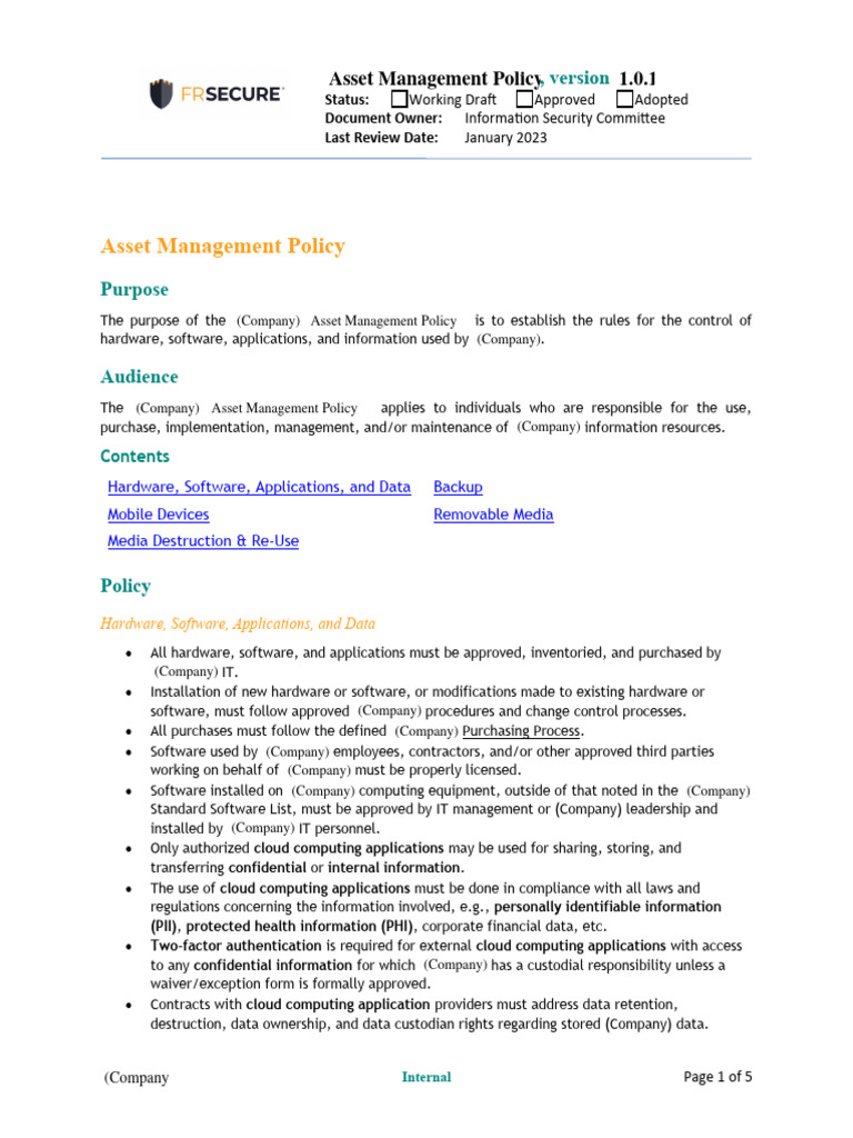 Asset Management Policy Template | PDF | Backup | Asset Management