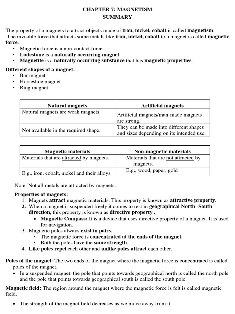 Physics - Magnetism Summary & Worksheet | PDF | Magnet | Magnetism