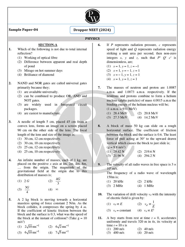 Sample Paper 04 Dropper NEET 2024 Physics Sakshi Mam Vijay Gupta Questions 3 | PDF