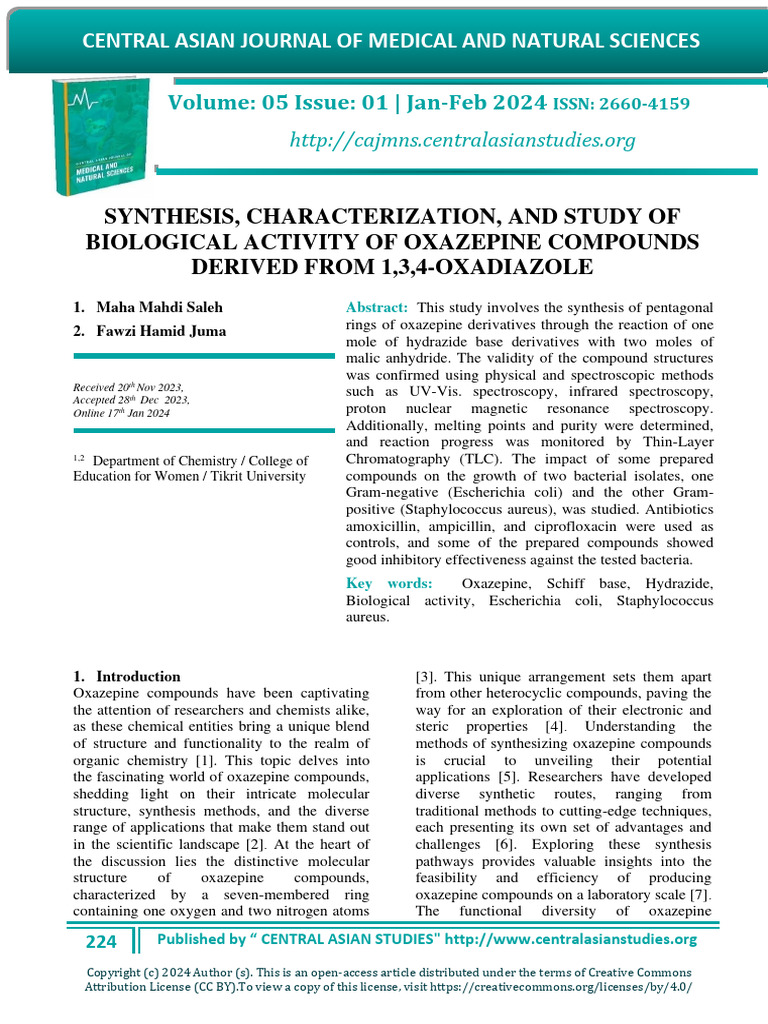 Synthesis, Characterization, and Study of Biological Activity of Oxazepine Compounds Derived ...