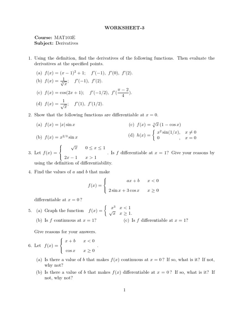 Derivatives and Differentiability Worksheet | PDF | Teaching Methods & Materials