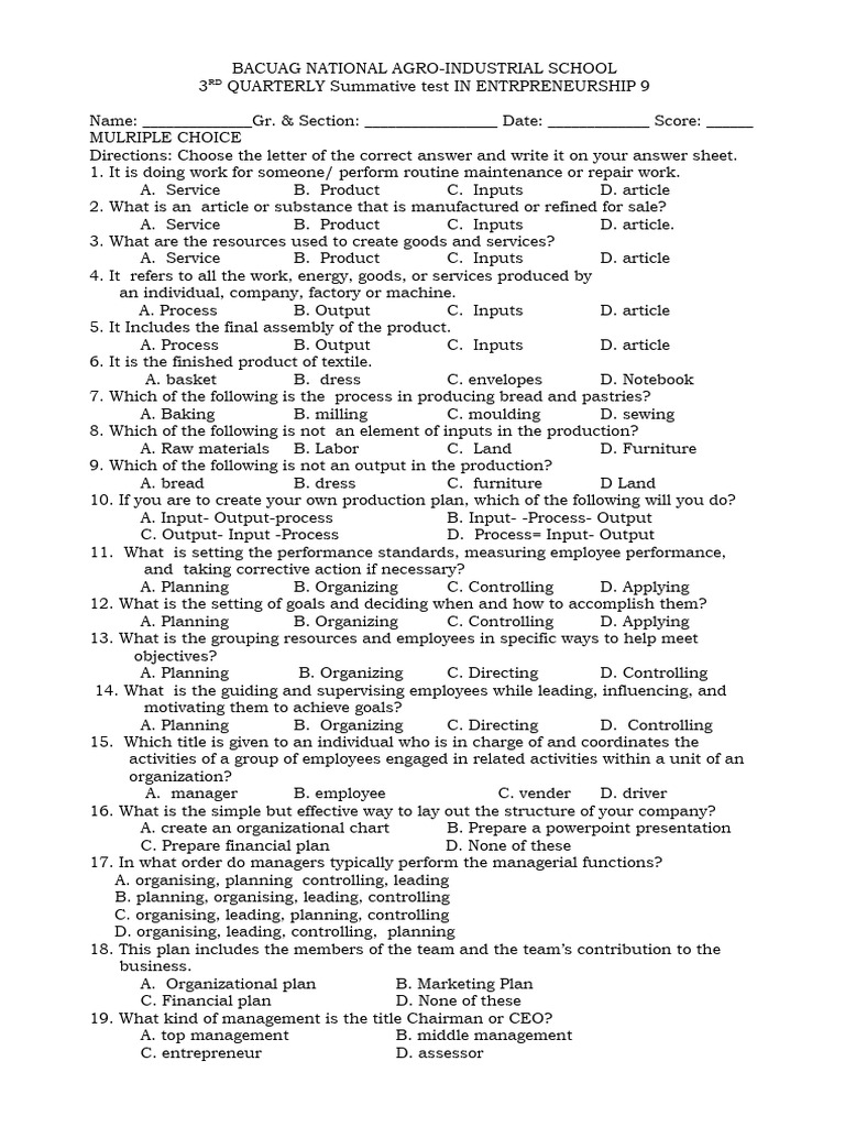 BNAIS Entrepreneurship 9 Test | PDF | Income Statement | Net Income