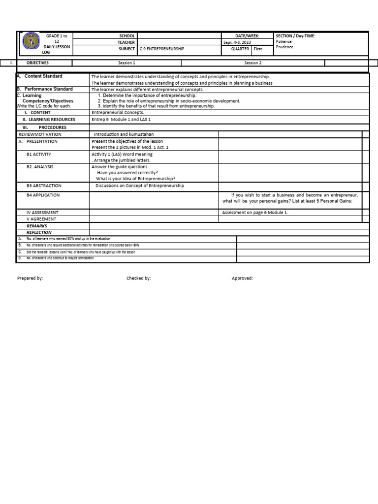 Dll-Entrep-9 2023 2024 | PDF