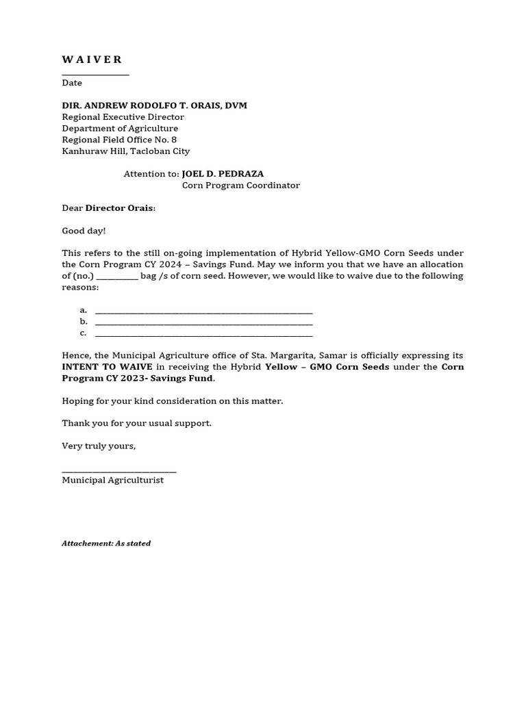 Waiver Form Corn Seeds | PDF
