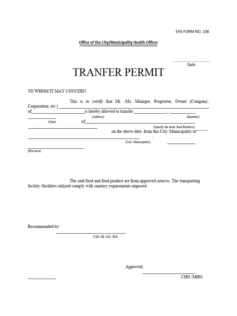 EHS FORM NO 106 Transfer Permit | PDF