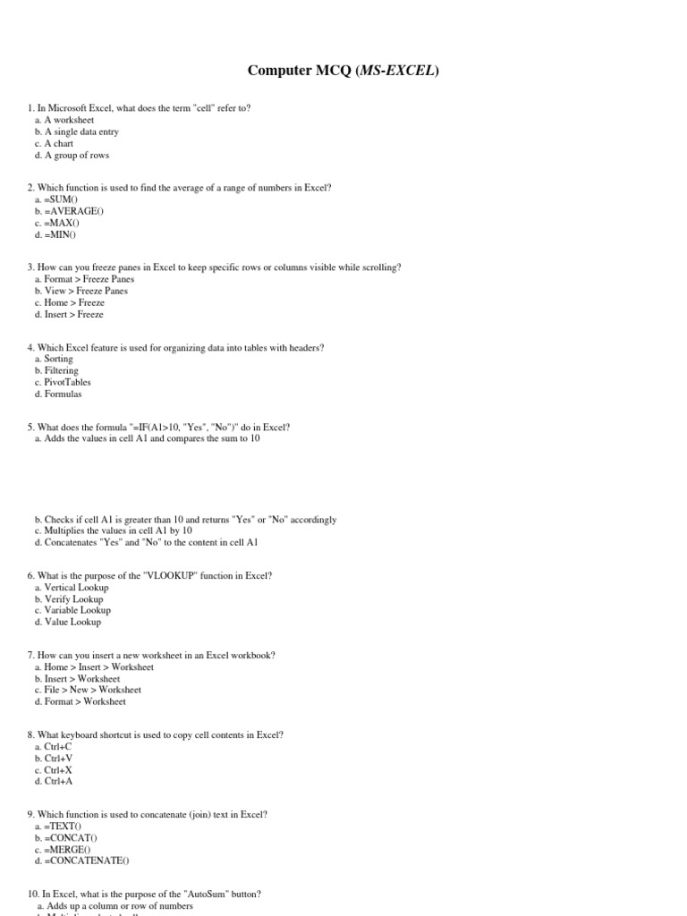 Computer MCQ (MS-EXCEL) | PDF | Art