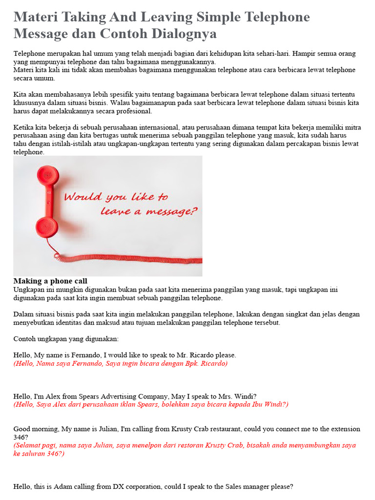 Materi Taking and Leaving Simple Telephone Message Dan Contoh Dialognya ...