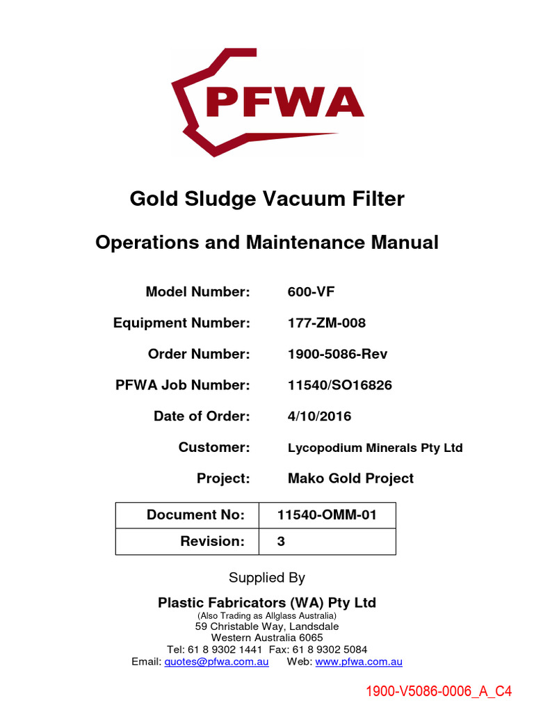 Gold Sludge Vacuum Filter: Operations and Maintenance Manual | PDF ...