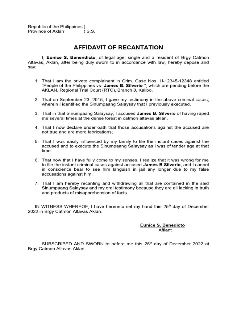 Affidavit of Recantation Format | PDF