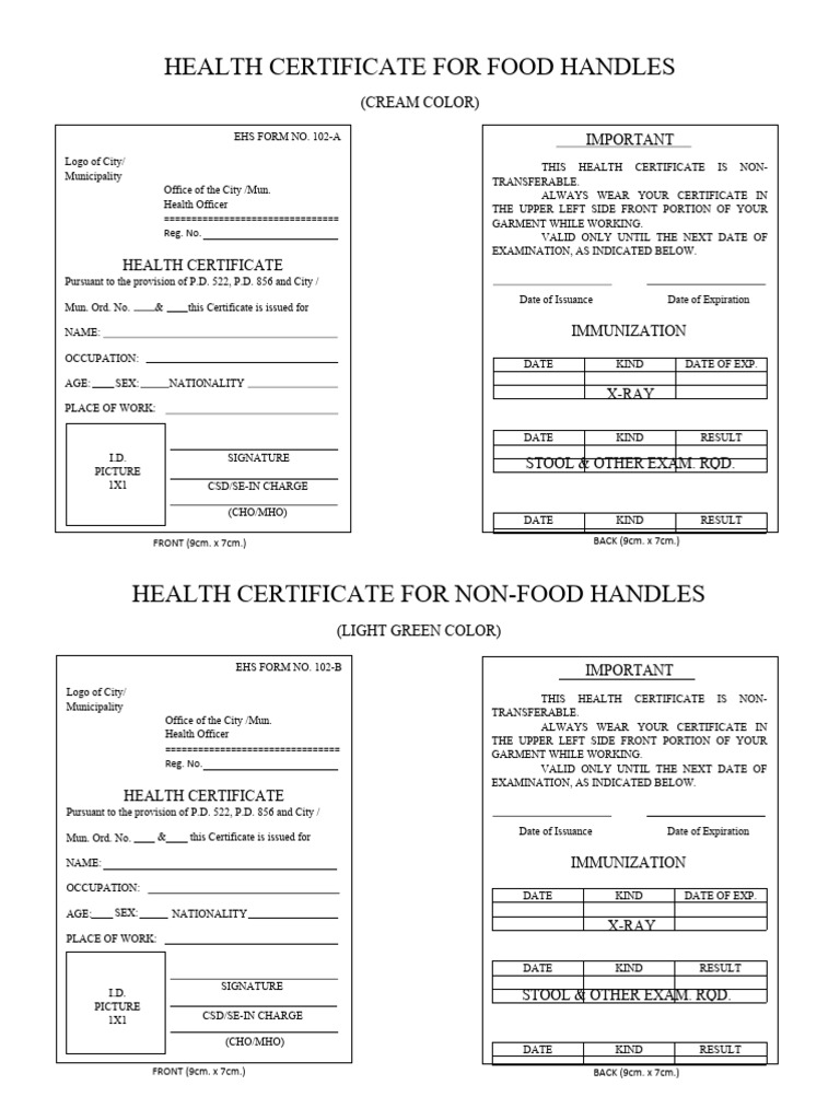 HEALTH CERTIFICATE FOR FOOD HANDLEs | PDF