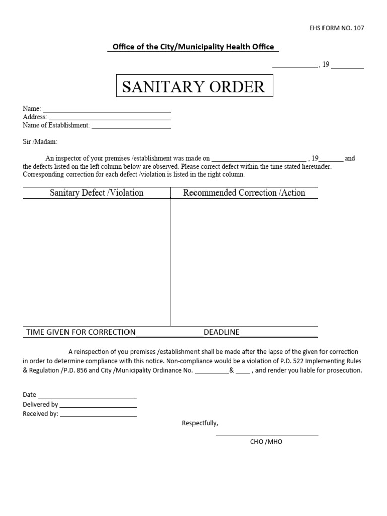 EHS FORM NO 107 Sanitary Order | PDF