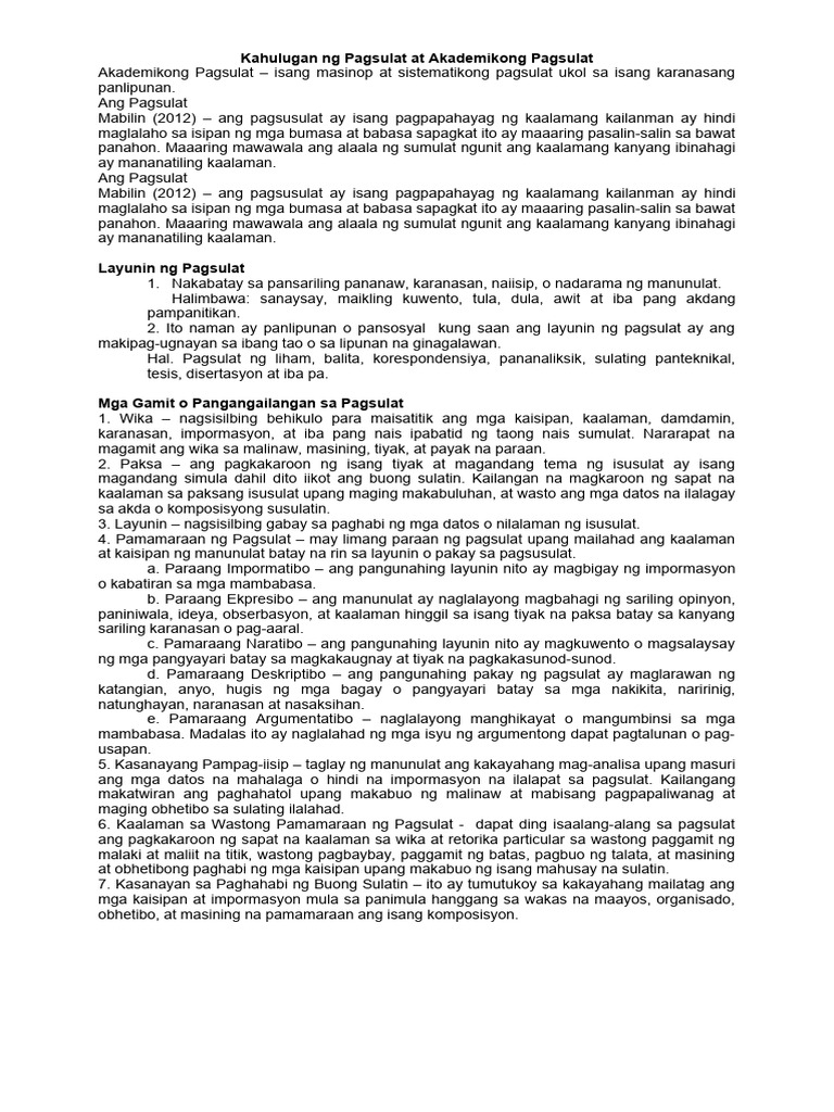 Kahulugan NG Pagsulat at Akademikong Pagsulat | PDF