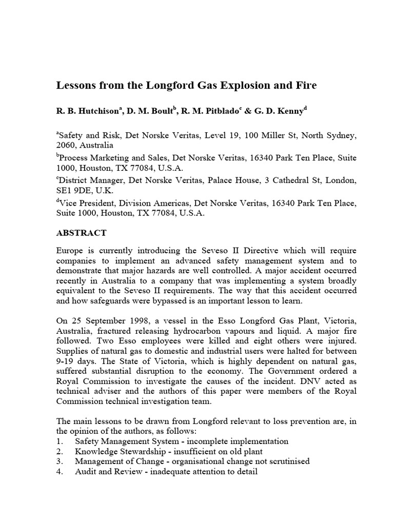 Lessons From The Longford Gas Explosion and Fire | PDF