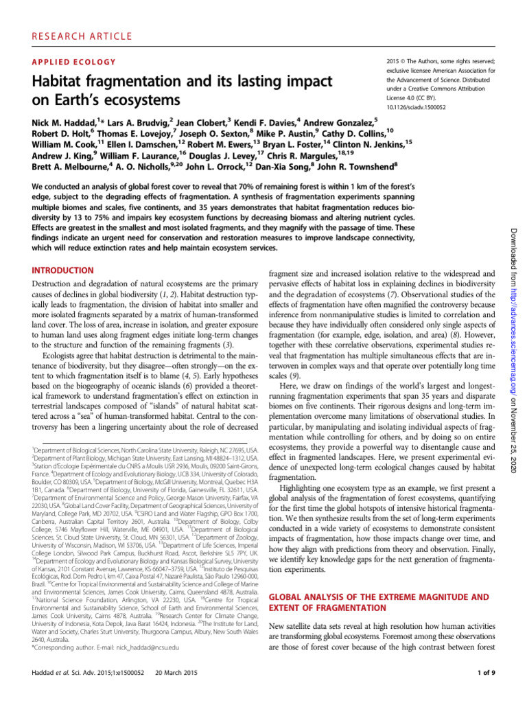 Ecologists: Habitat Fragmentation Impact | PDF