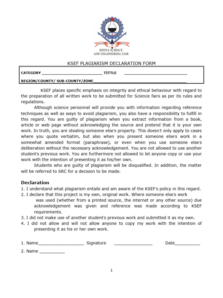 KSEF Plagiarism Declaration Form | PDF | Law