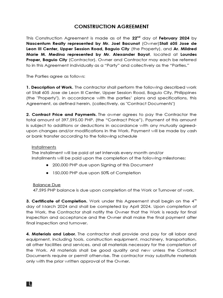 Construction Agreement | PDF | Indemnity | Common Law