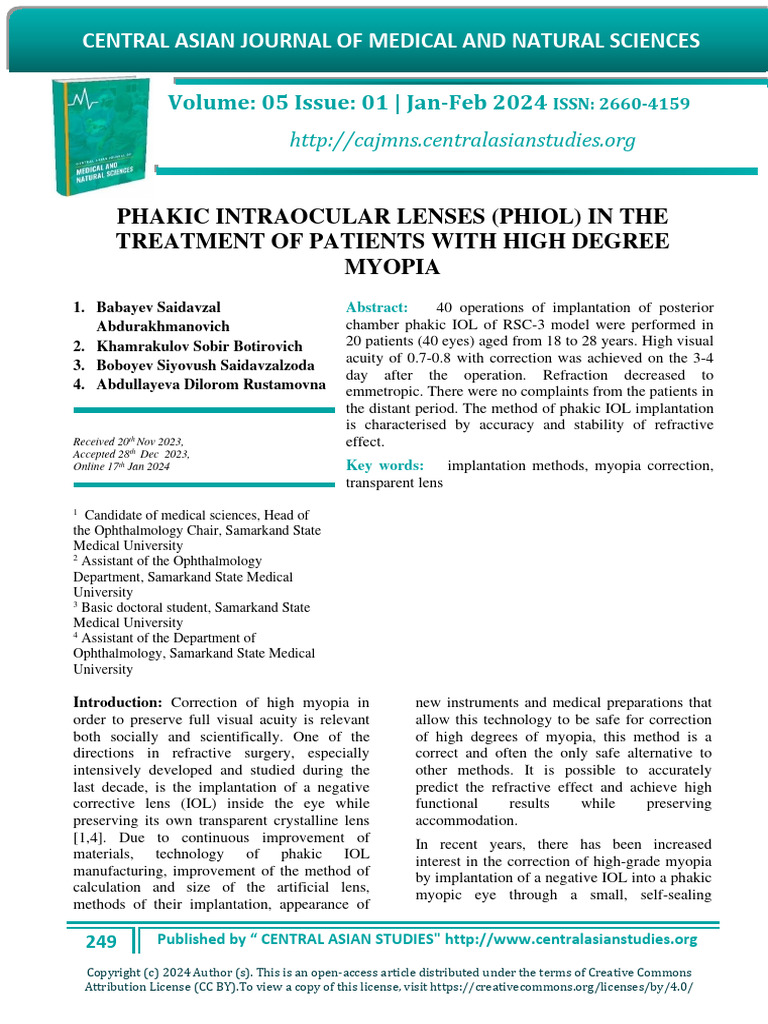 Phakic Intraocular Lenses (Phiol) in The Treatment of Patients With High Degree Myopia | PDF