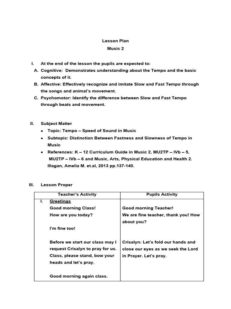 Lesson Plan in Music (TEMPO) | PDF | Teachers | Tempo