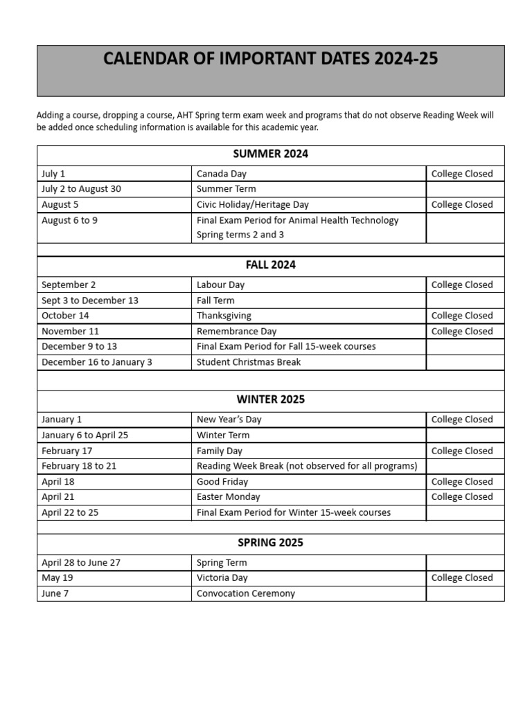 Calendar of Important Dates 2024 25 | PDF