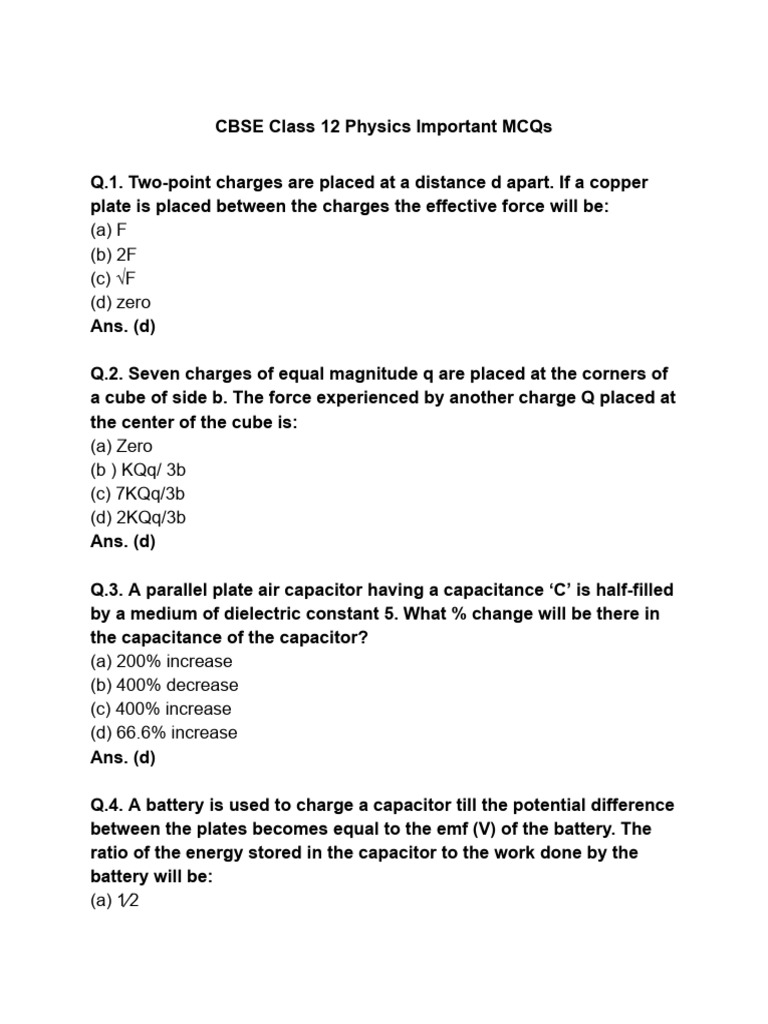 Cbse Class 12 Physics Important Mcqs | PDF | Magnetic Field | Capacitor
