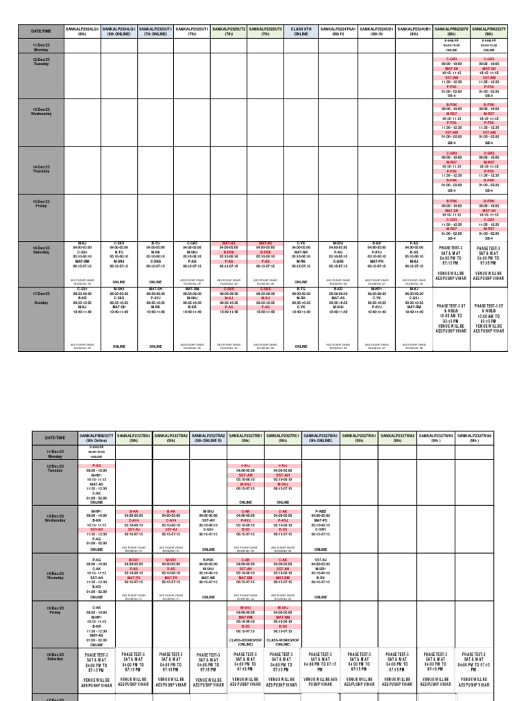 Time Table Junior & Middle Wing 12 Dec To 17 Dec | PDF