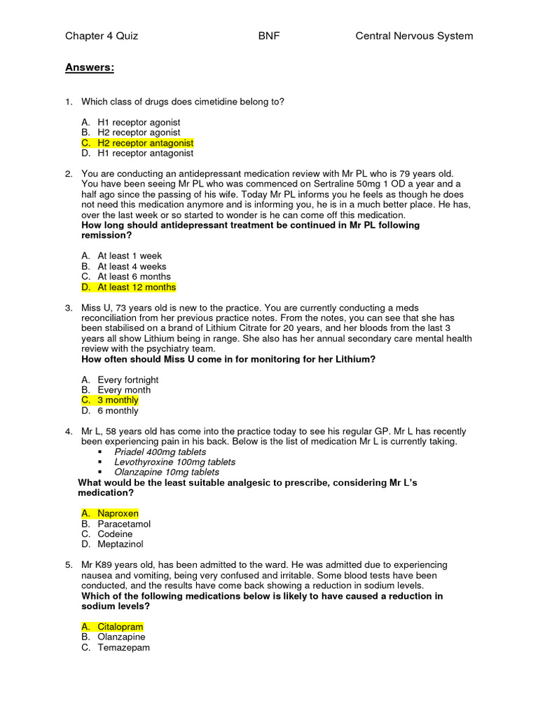 BNF CHAPTER 4 - CNS Quiz Answers | PDF