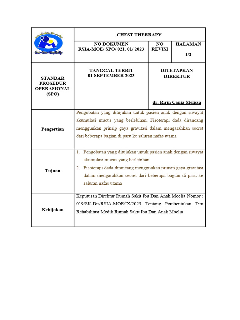 Sop Fisioterapi Chest T, Tens, Terapi Latihan 1 | PDF