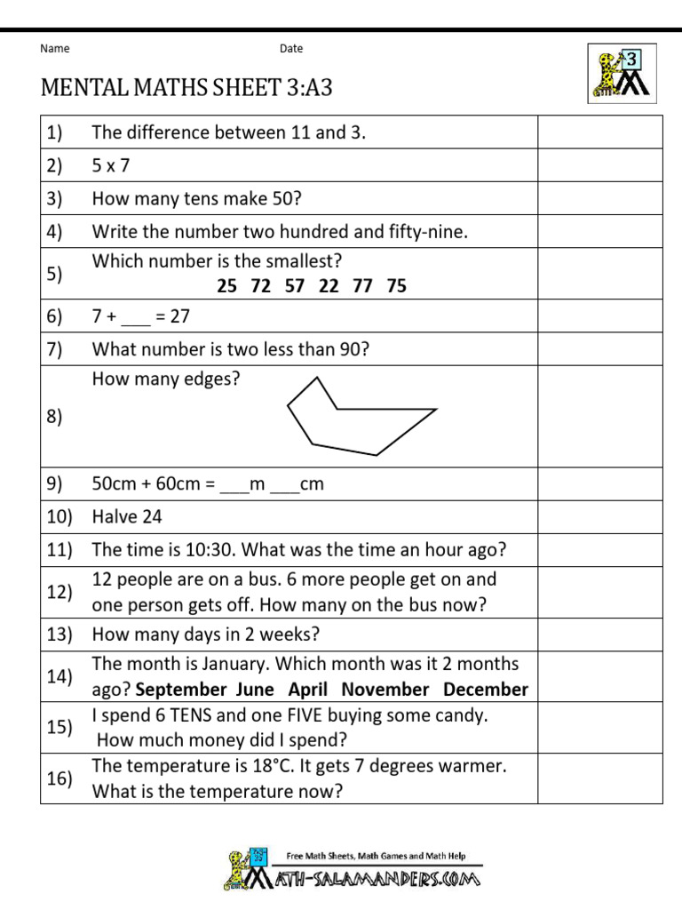 mental-maths-year-3-a3 | PDF