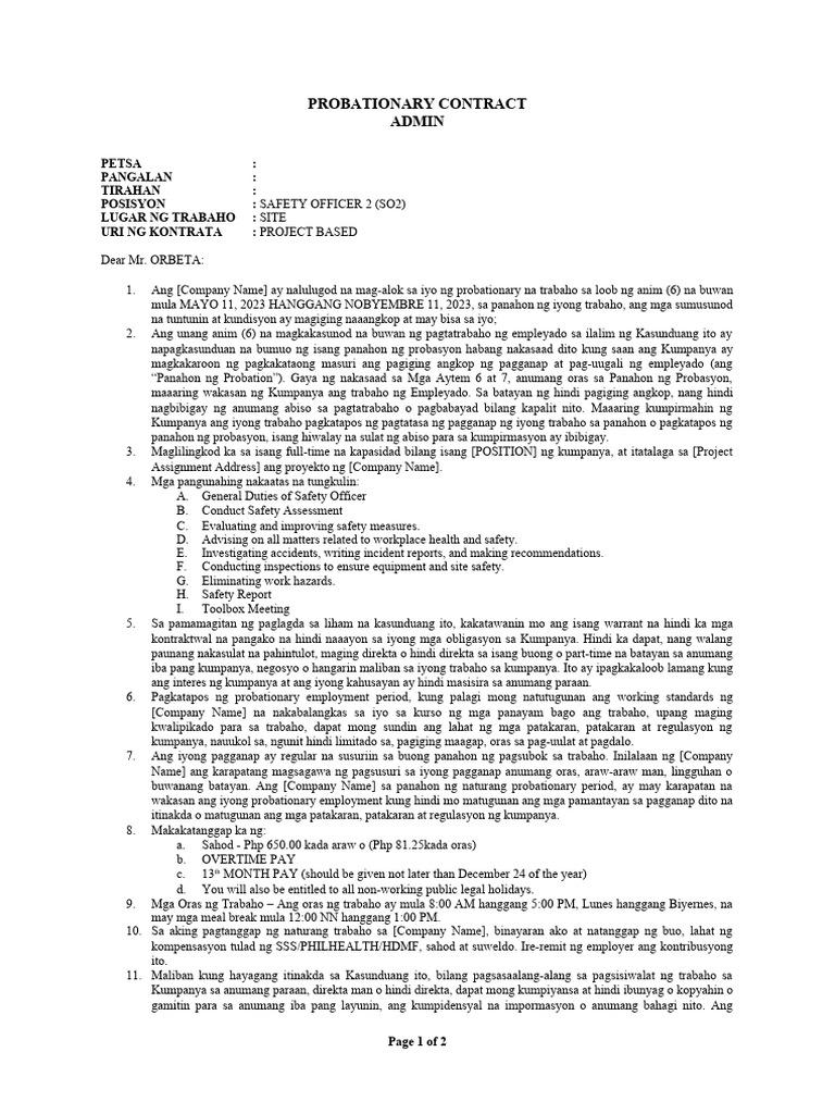 PROBATIONARY CONTRACT-Tagalog REV.01 | PDF