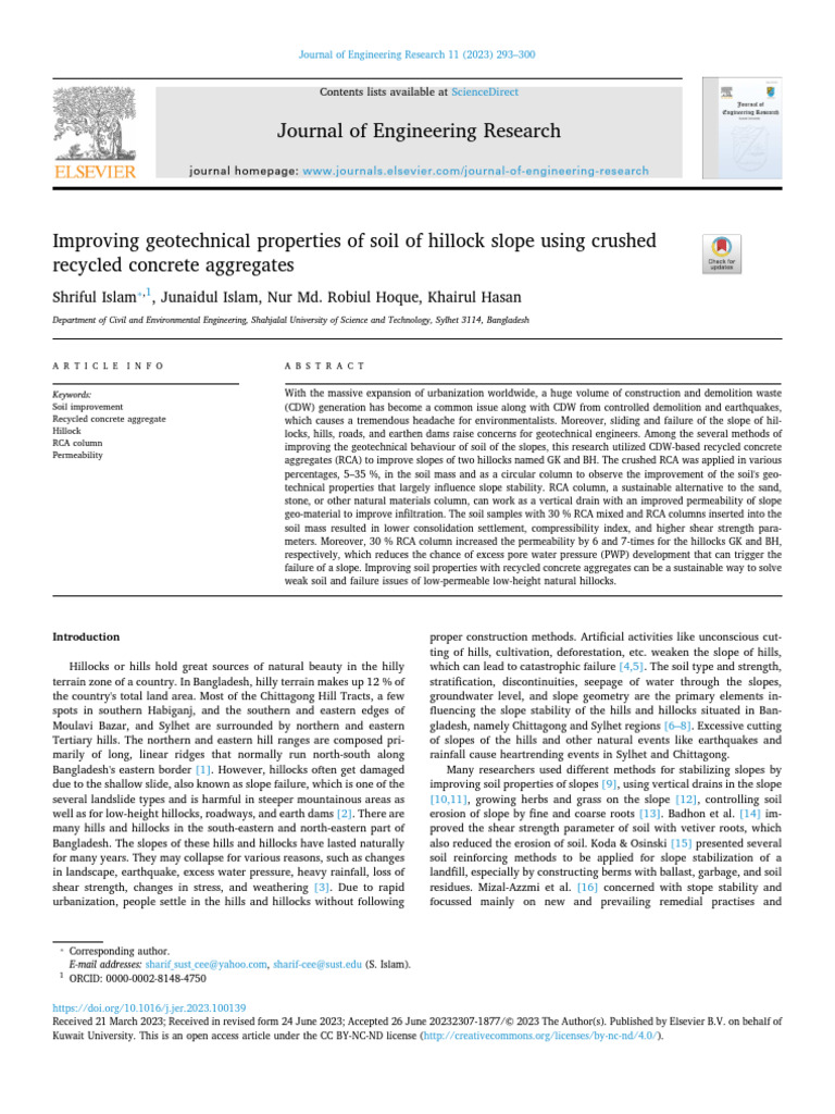 Improving Geotechnical Properties of Soil of Hillock Slope Using ... Improving Geotechnical Properties of Soil of Hillock Slope Using ...