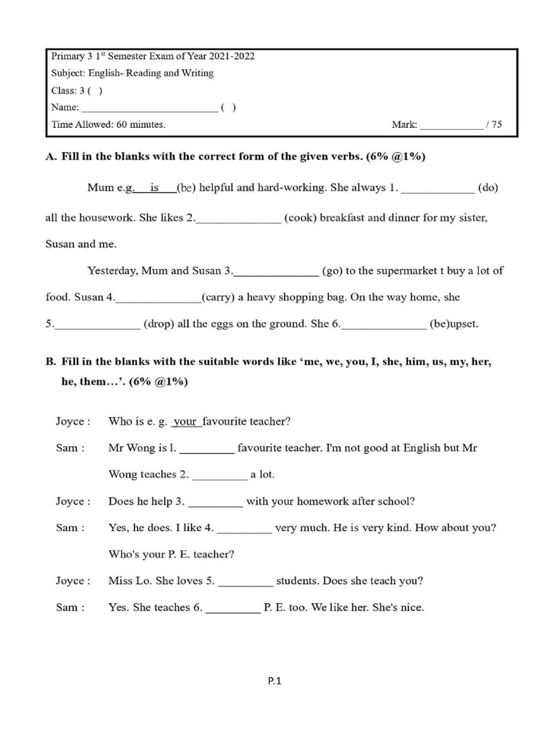 P3 - English 1st Exam - 21-22 | PDF