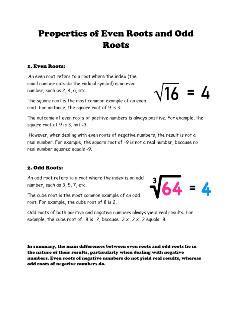 Properties of Even Roots and Odd Roots | PDF