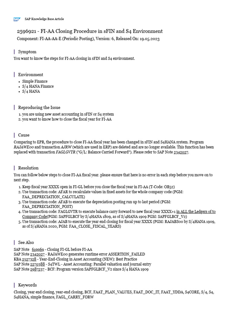 FI-AA Closing Procedure in sFIN and S4 Environment | PDF | Information ...