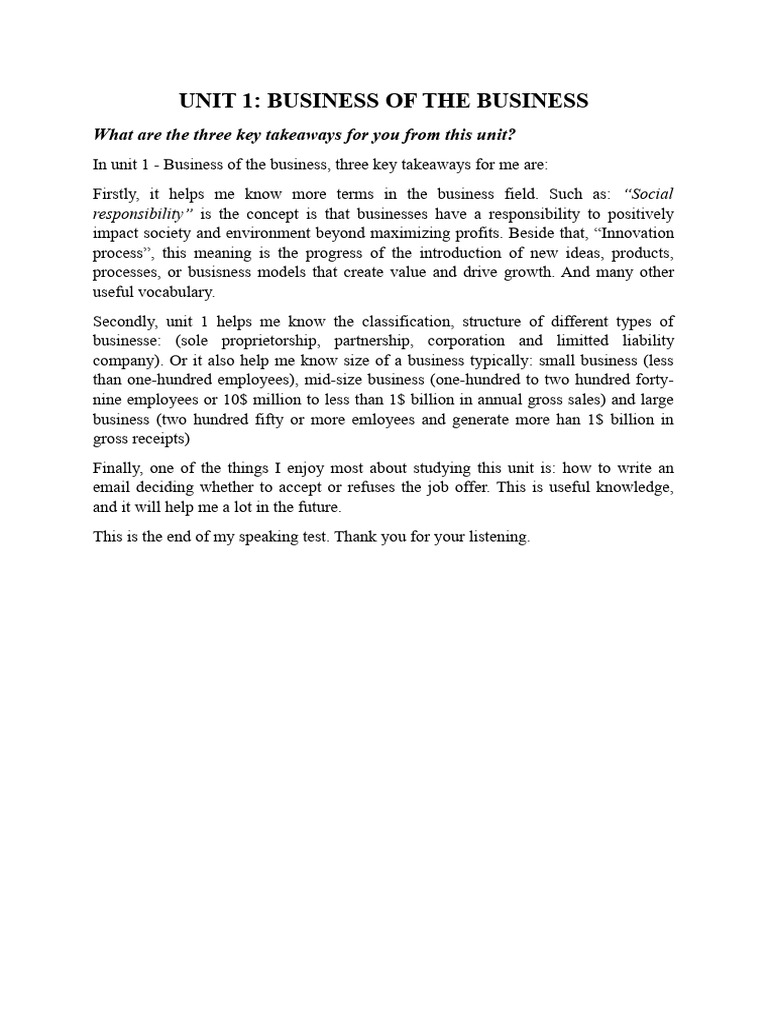 Speaking Test UNIT 1 | PDF