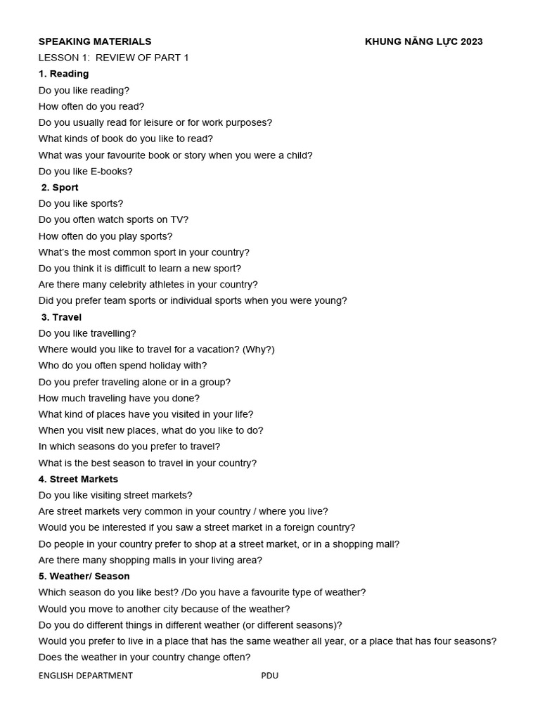 Speaking Materials Khung Năng L C 2023 | PDF