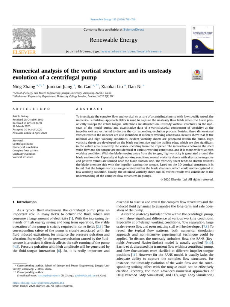 Numerical Analysis of The Vortical Structure and Its Unsteadyevolution of A Centrifugal Pump ...